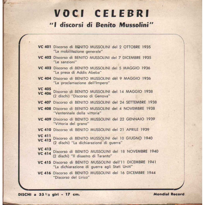 Benito Mussolini Vinile 7" 45 giri "I Discorsi Di Benito Mussolini"